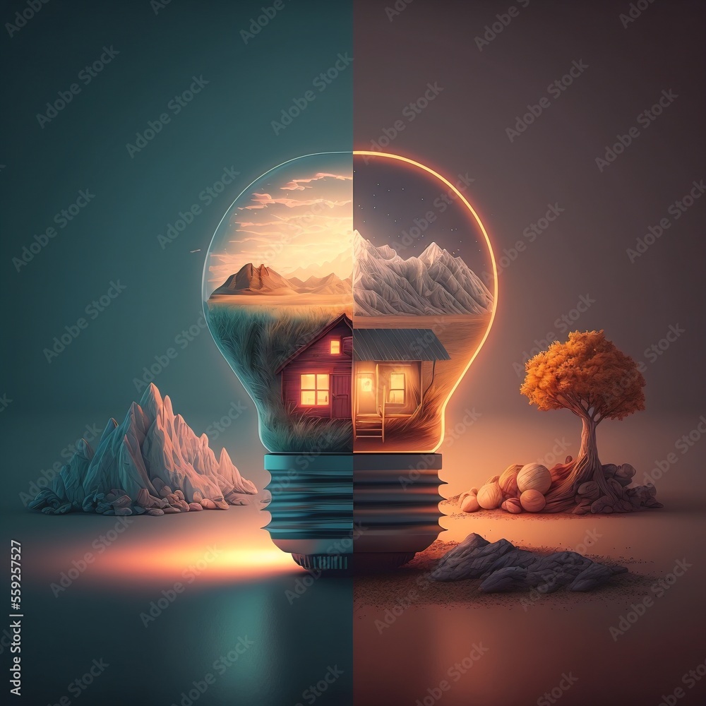 A small world trapped in a light bulb. A landscape inside a light bulb ...
