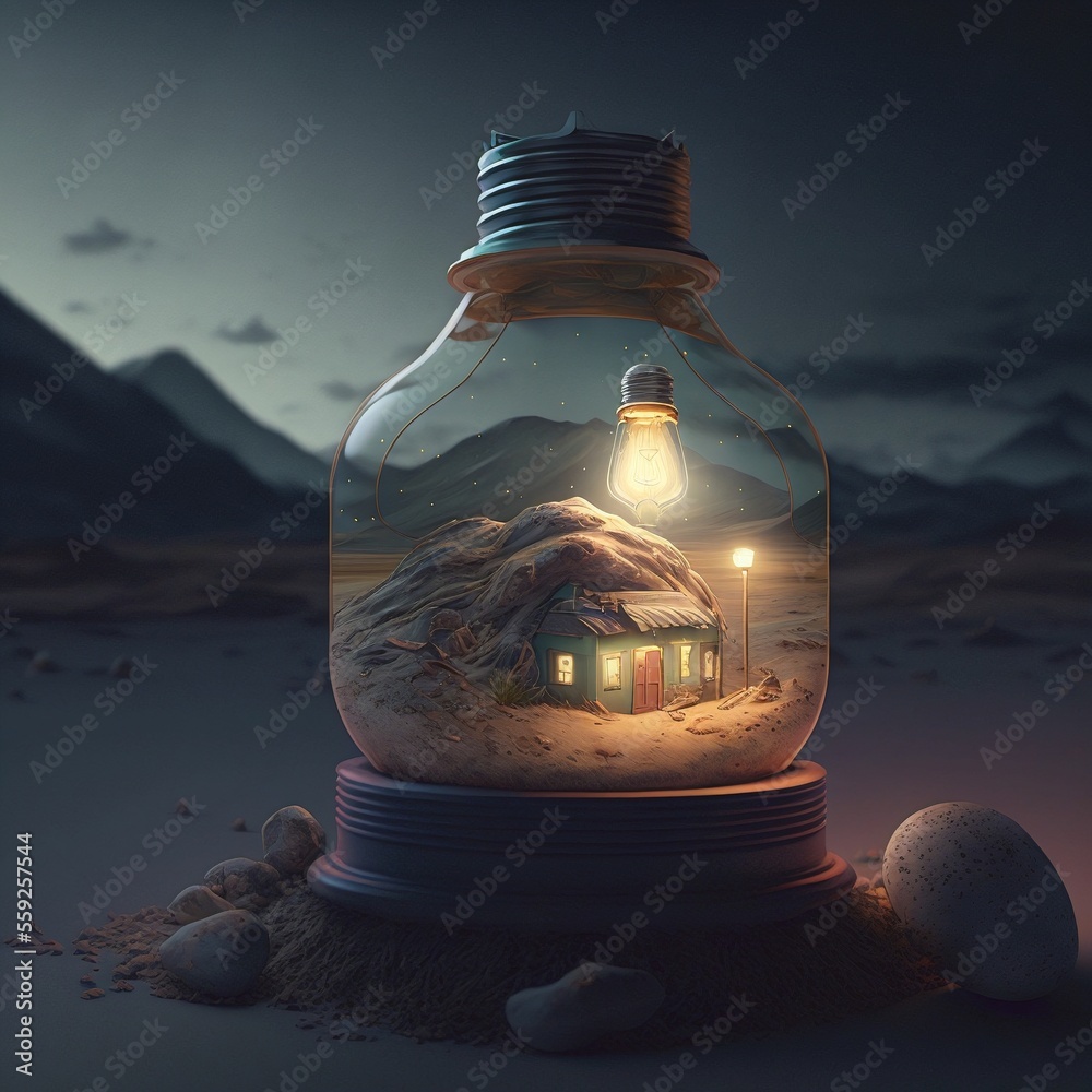 A small world trapped in a light bulb. A landscape inside a light bulb ...