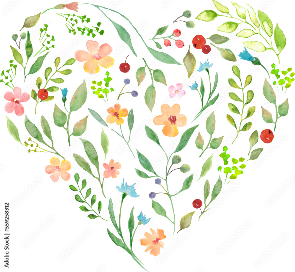 Heart made of watercolor floral. Valentine's Day card. Hand drawn ...