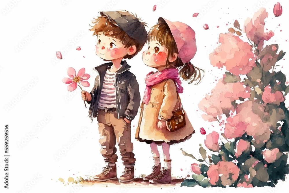 Cute boy and girl in love on romantic Valentine's day hand drawn ...