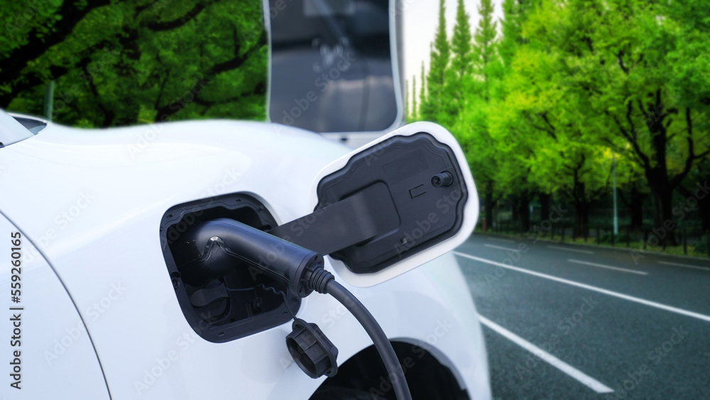 Progressive green city ESG green trees background with electric vehicle ...