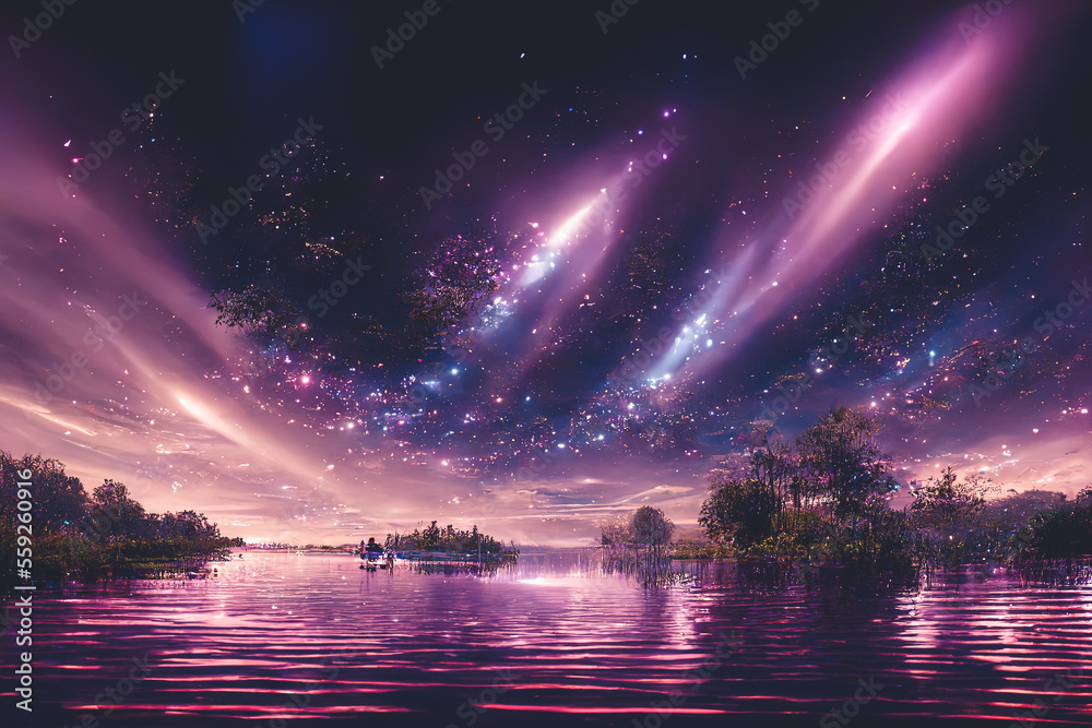 Starry night lake with bright star shine in the sky horizon reflecting ...