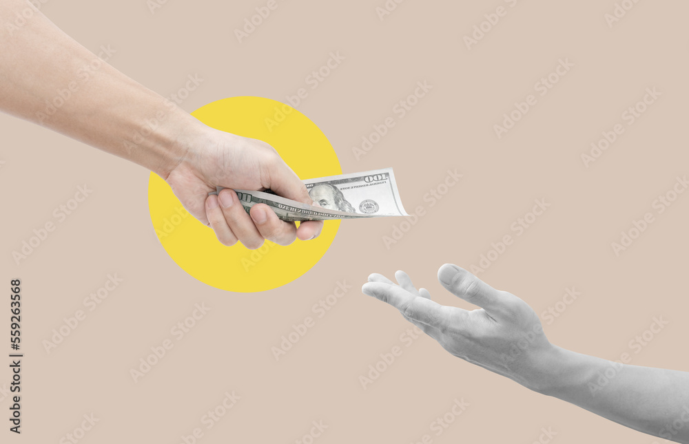 Digital collage modern art. Hand giving and receiving money Stock Photo ...