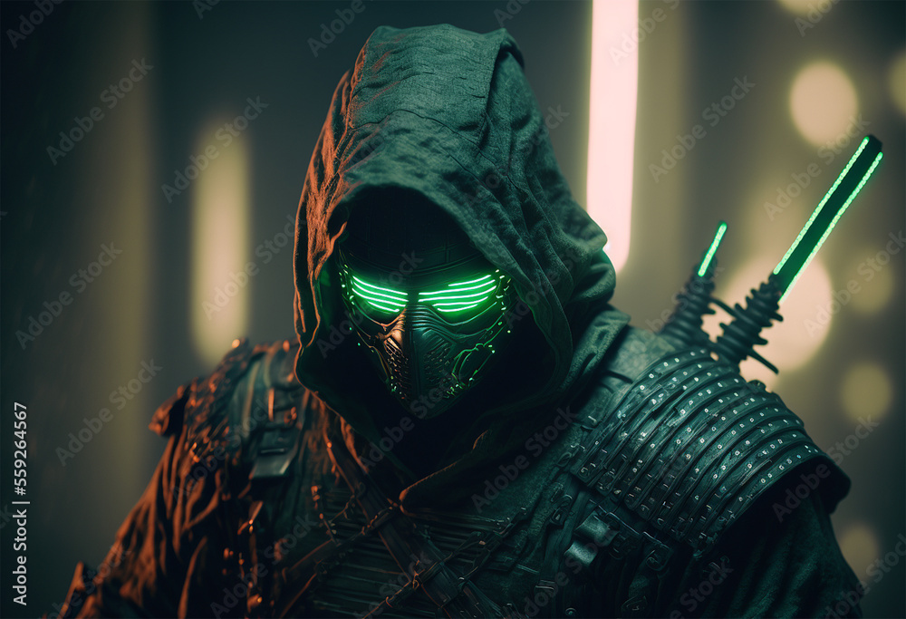 Photo & Art Print green samurai ninja, deadly warrior in the shadows ...