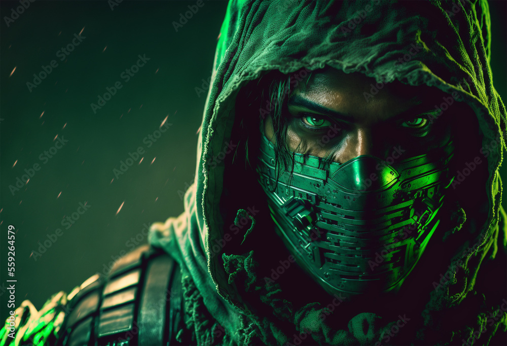 green samurai ninja, deadly warrior in the shadows, terrifying assassin ...