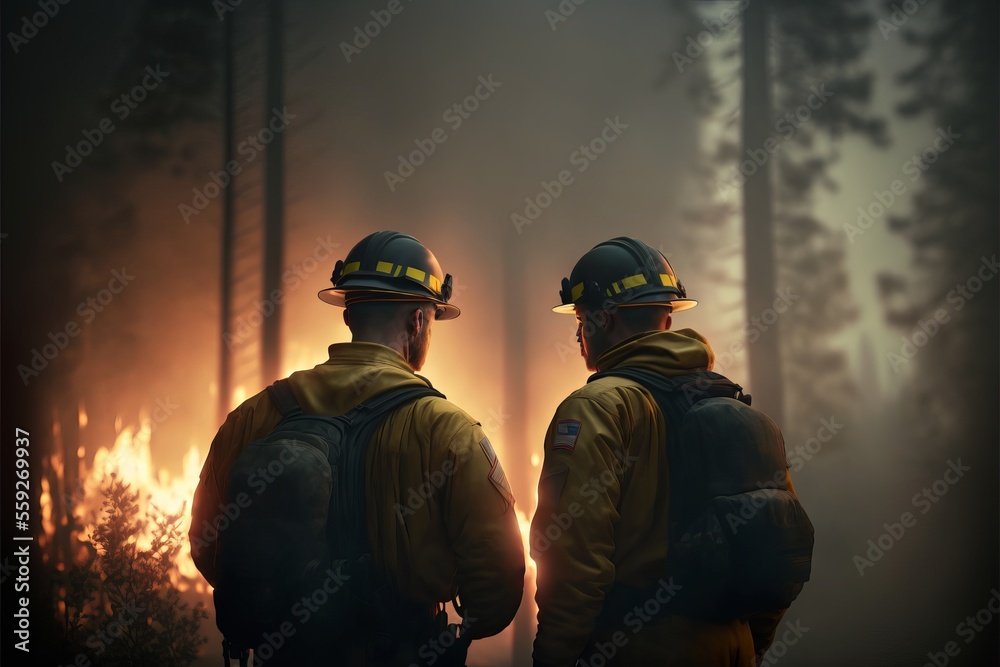 Firefighters standing in front on a forest fire, Brigade rescue fireman ...