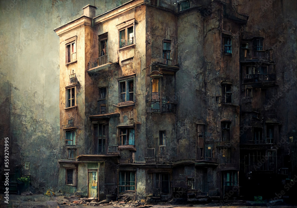 abstract painting of a very old and run down tenement house with many ...