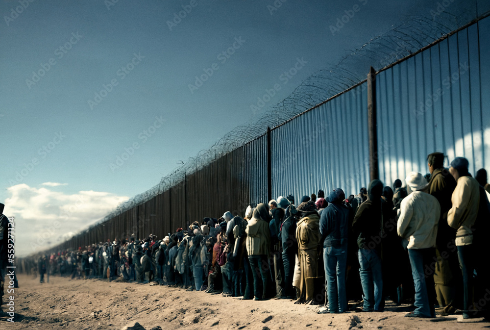 abstract fictional people at a high fence, at a fictional border or ...