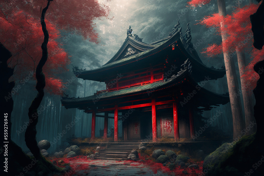 The entrance to the red Japanese shrine is in a deep forest covered ...