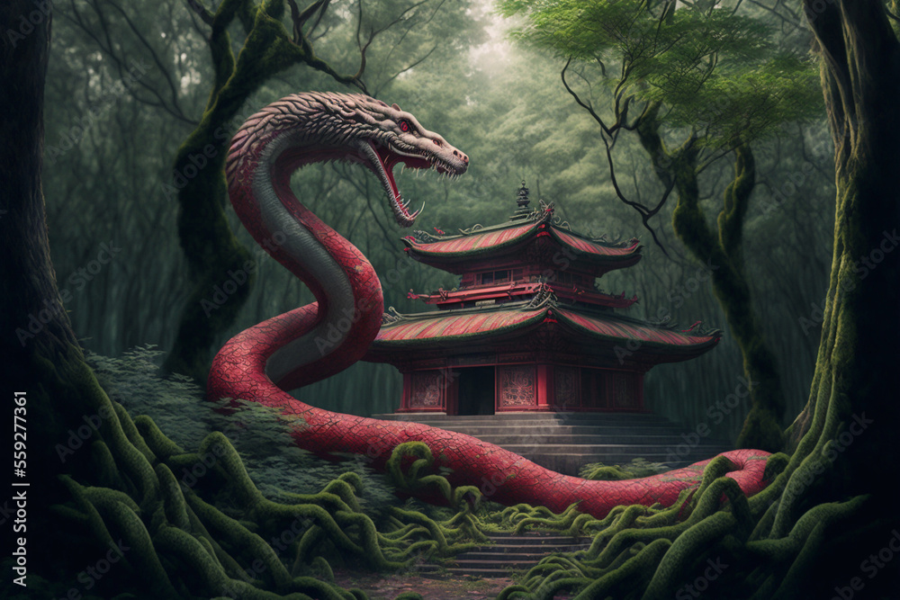 Red giant snake and red Japanese shrine in deep forest With Generative ...