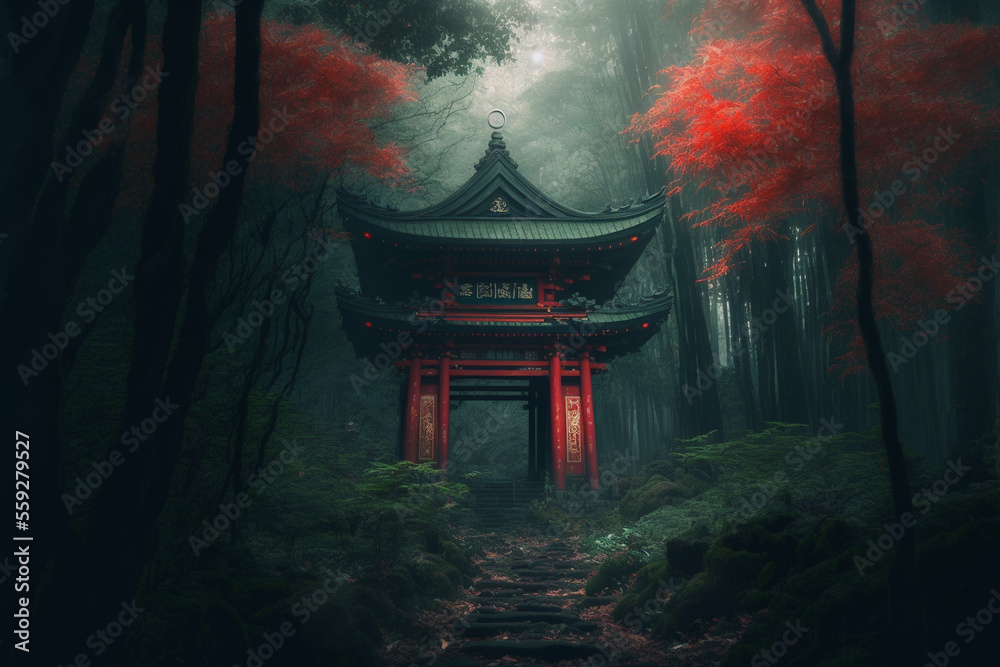 In front of a Japanese shrine entrance deep in the forest, mysterious ...