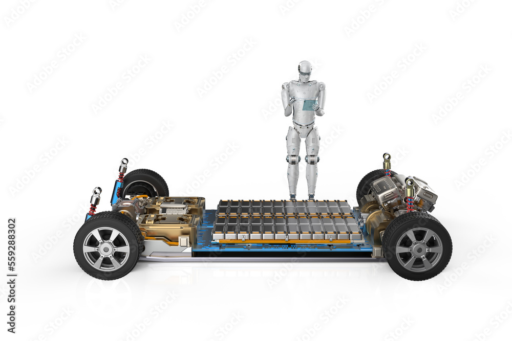 Robot study or research ev car with pack of battery cells module on ...