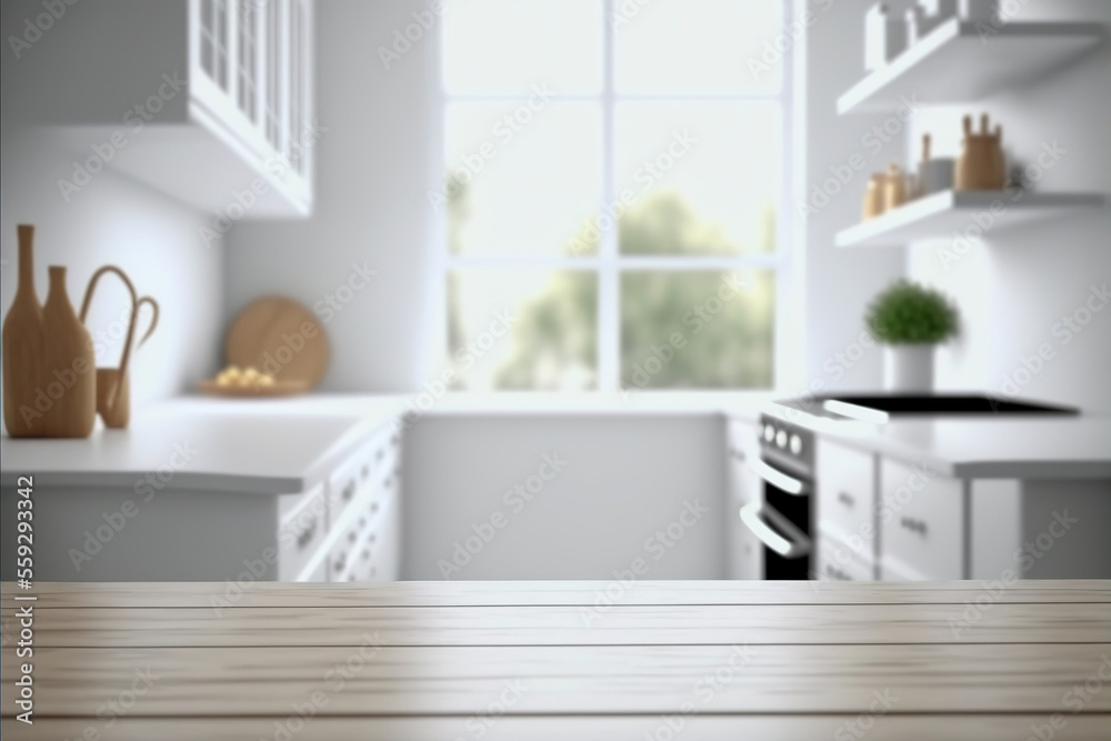 Wooden texture table top on blurred kitchen window background. For ...
