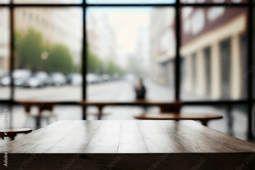 Wooden texture table top on blurred cafe window background. For product ...