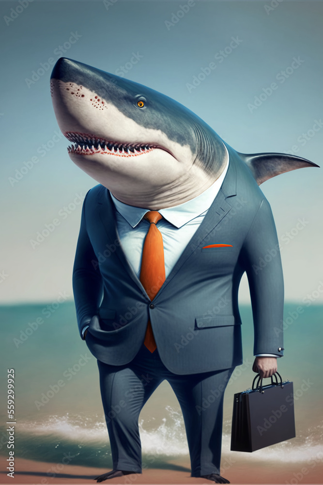 Human-like shark at the beach wearing a business suit carrying a ...