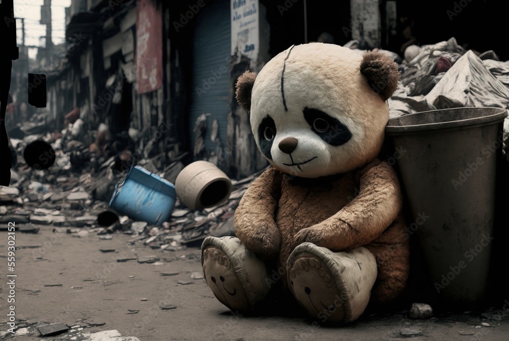 Homeless panda teddy bear in dirty city slums alone and emotionally sad ...