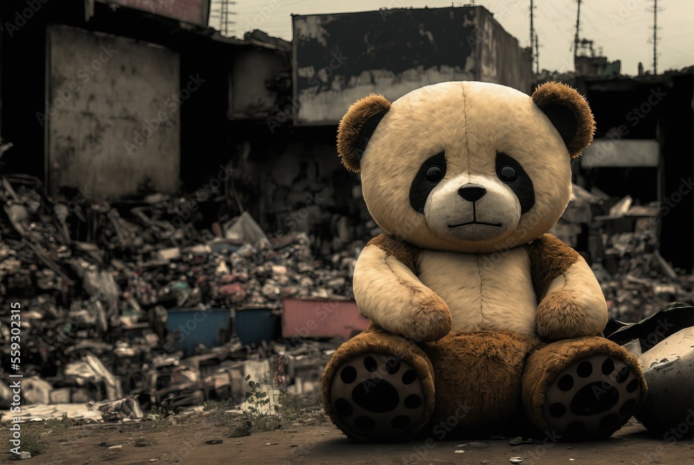 Homeless panda teddy bear in dirty city slums alone and emotionally sad ...