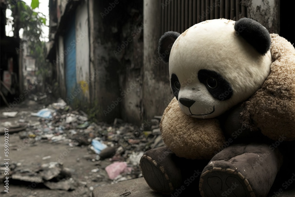Homeless panda teddy bear in dirty city slums alone and emotionally sad ...