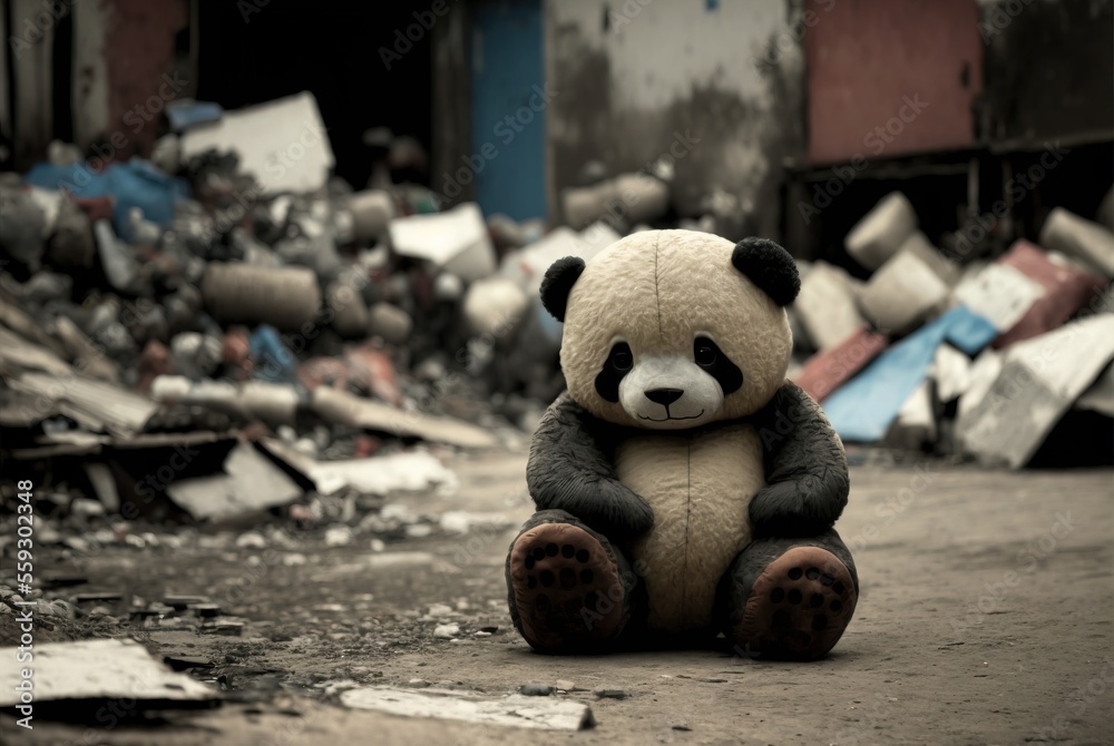 Homeless panda teddy bear in dirty city slums alone and emotionally sad ...