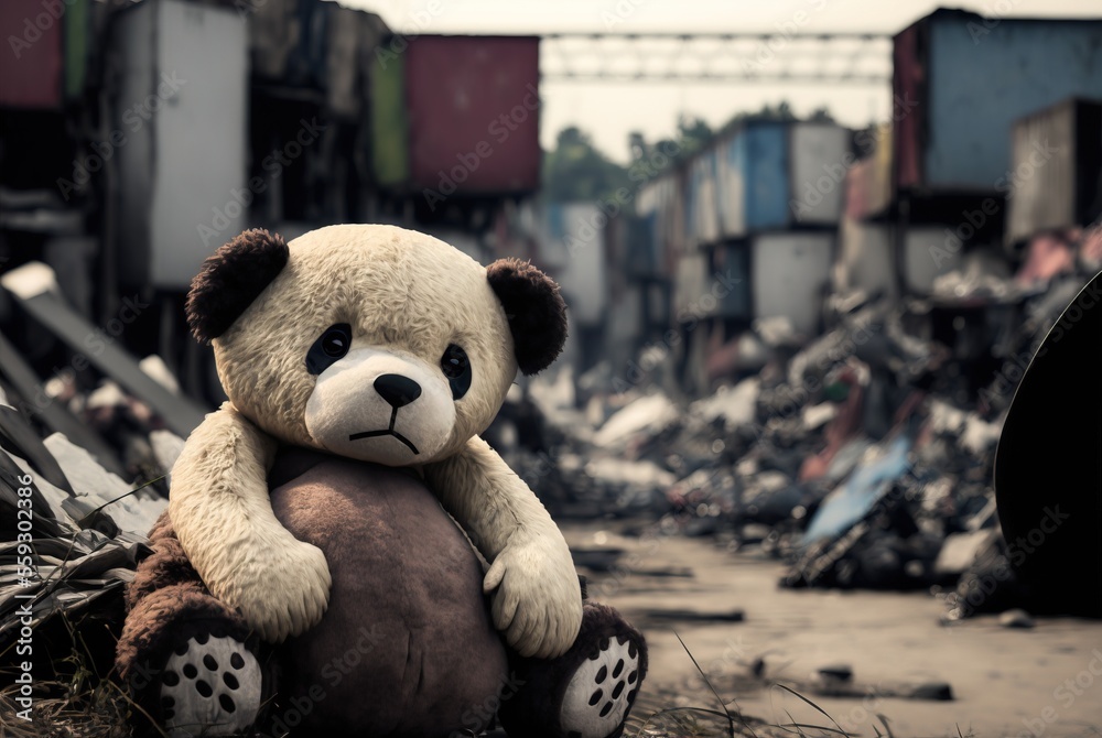 Homeless panda teddy bear in dirty city slums alone and emotionally sad ...