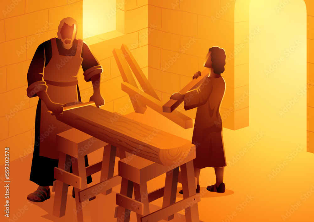Saint Joseph is working as a carpenter with the boy Jesus Stock Vector ...