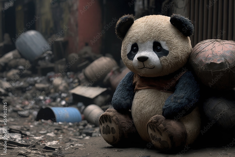 Homeless panda teddy bear in dirty city slums alone and emotionally sad ...