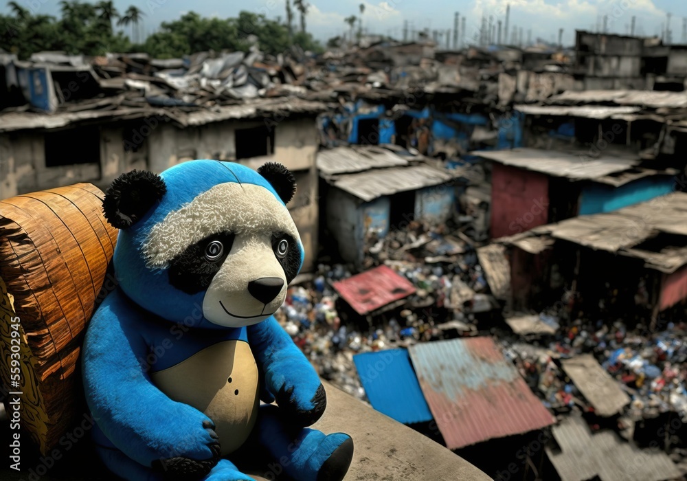 Homeless panda teddy bear in dirty city slums alone and emotionally sad ...