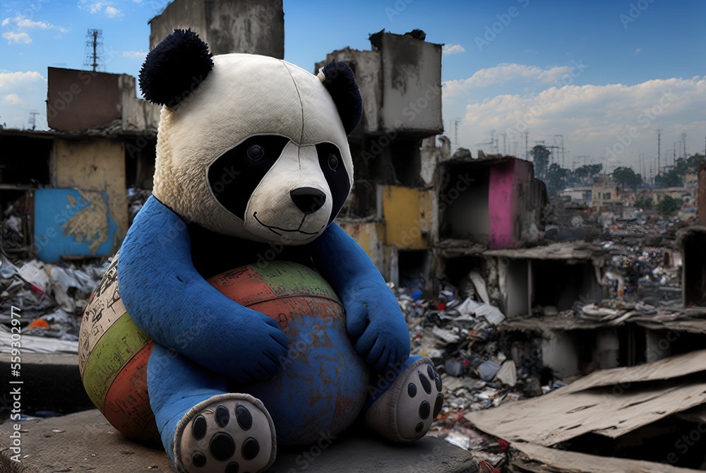 Homeless panda teddy bear in dirty city slums alone and emotionally sad ...