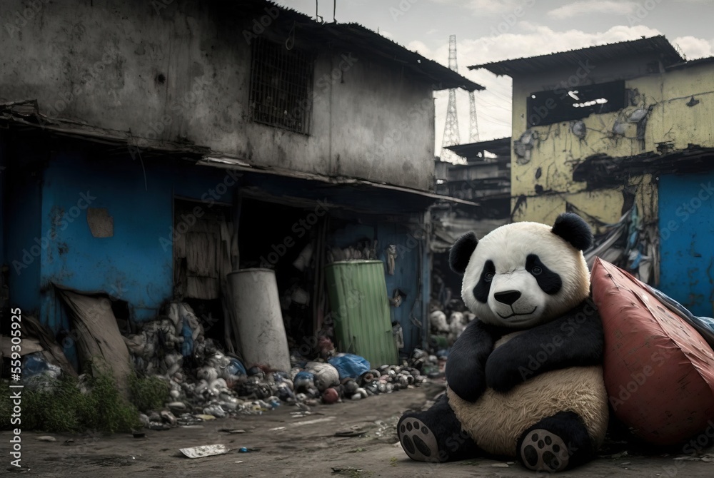 Homeless panda teddy bear in dirty city slums alone and emotionally sad ...