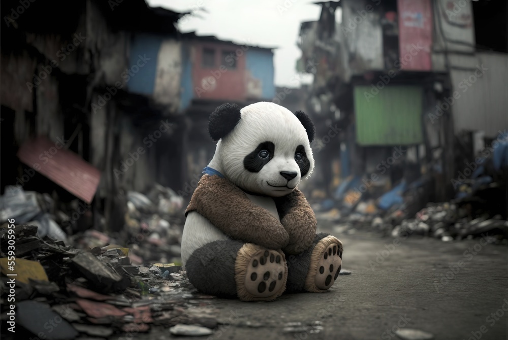 Homeless panda teddy bear in dirty city slums alone and emotionally sad ...
