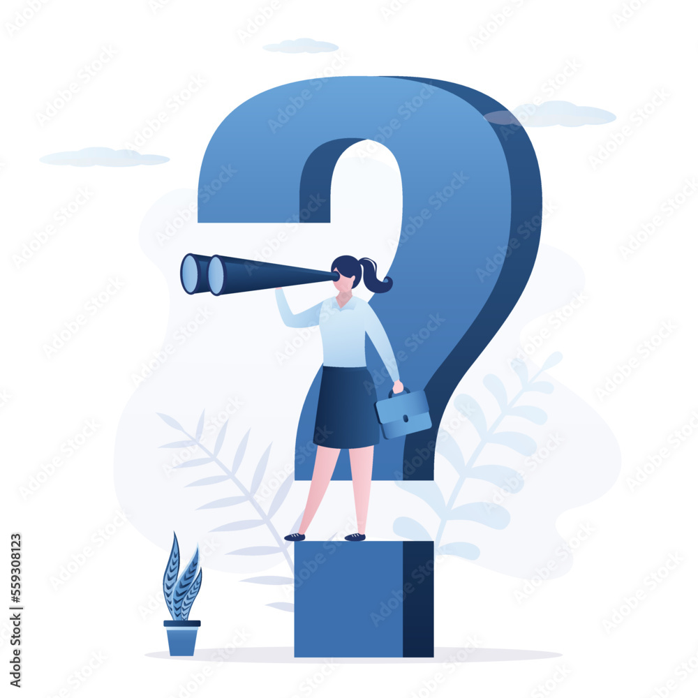 Curious businesswoman with giant question mark look through binoculars ...