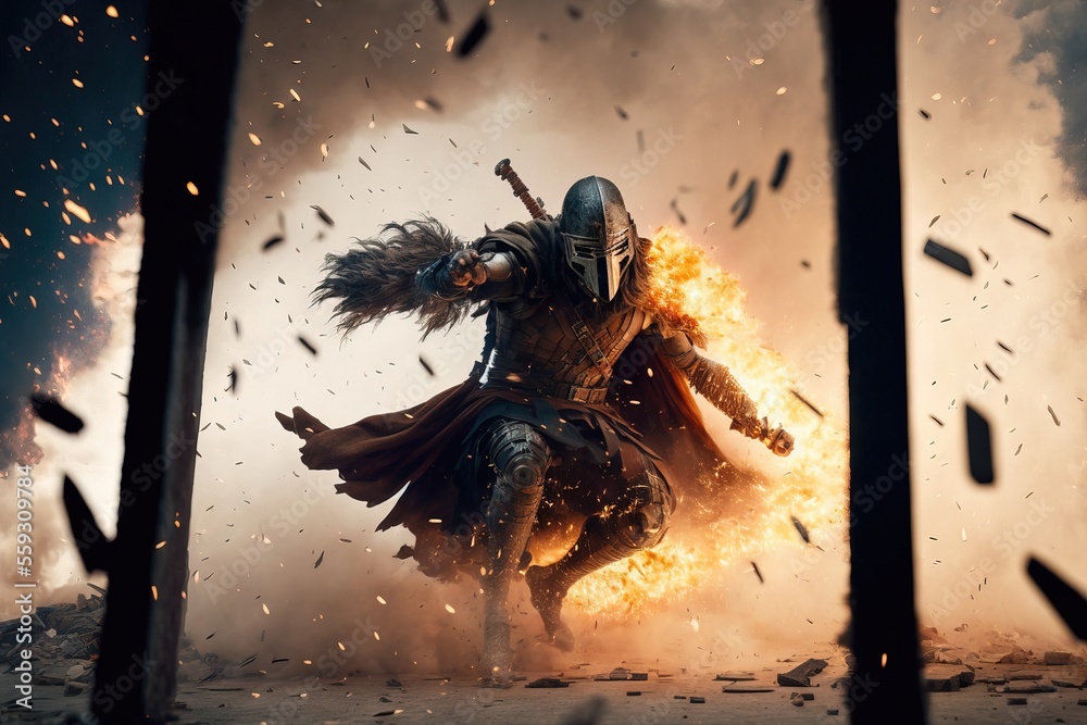 Warrior fighting scene. Flame. Medieval times. fantasy scenery. concept ...