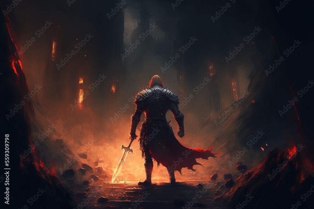 Warrior fighting scene. Flame. Medieval times. fantasy scenery. concept ...