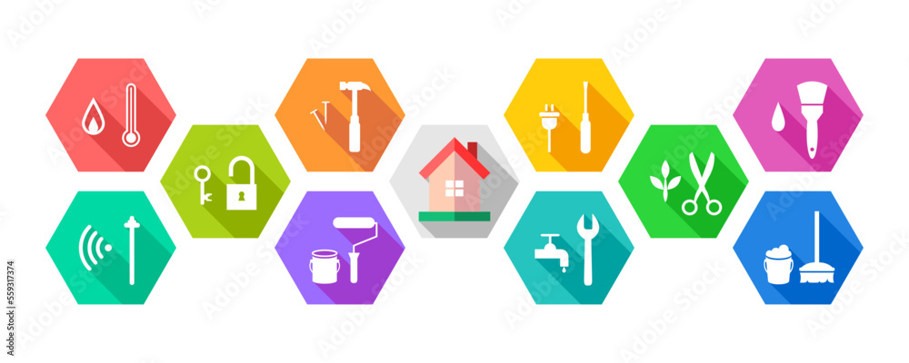 House and work tools icon set as repair, renovation, maintenance ...