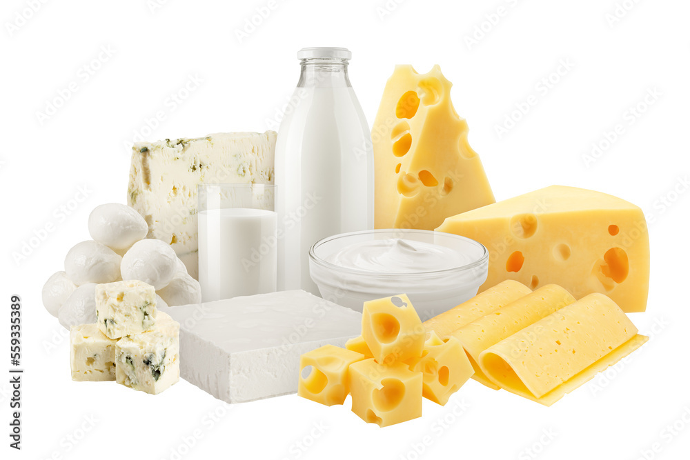 Dairy products, Milk, sour cream, cheese, mozzarella, yogurt, isolated ...