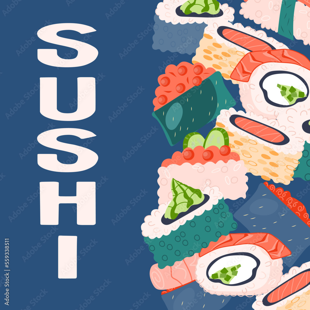 Sushi banner or flyer design, flat cartoon vector illustration ...