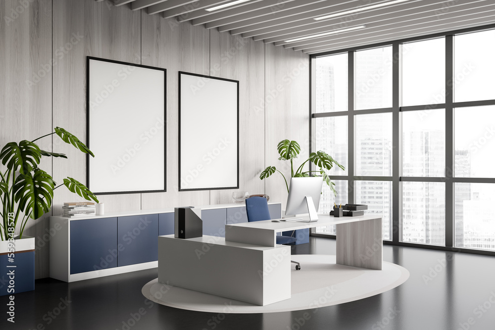 Light office interior desk with computer and panoramic window. Mockup ...