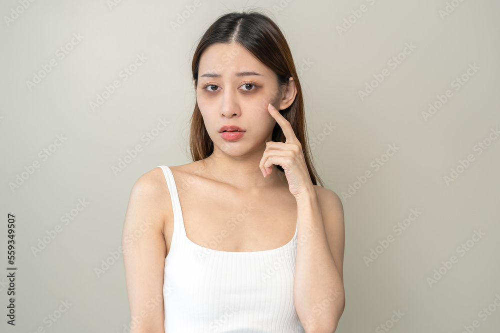 Bored, insomnia asian young woman, girl looking at camera, hand ...