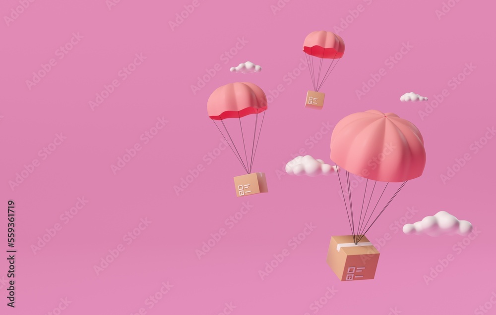 A pink parachute leapt down as it fluttered in the air as white clouds ...