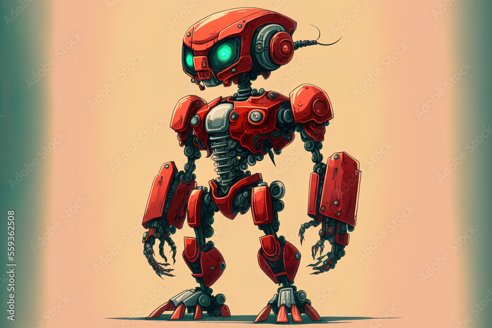 Cartoon image of a red friendly android robot creature standing without ...