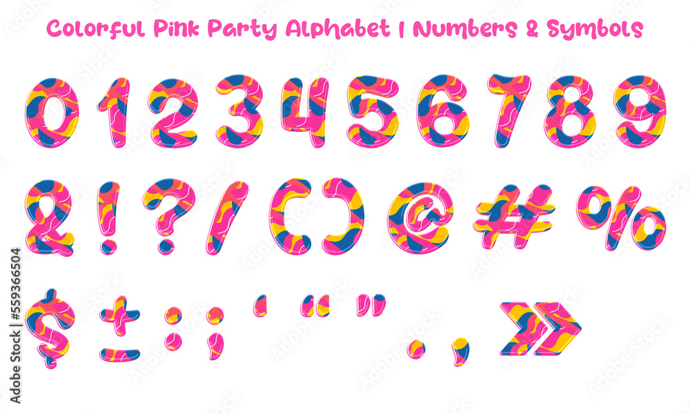 Colorful pink party alphabet set, includes font or letters in both ...