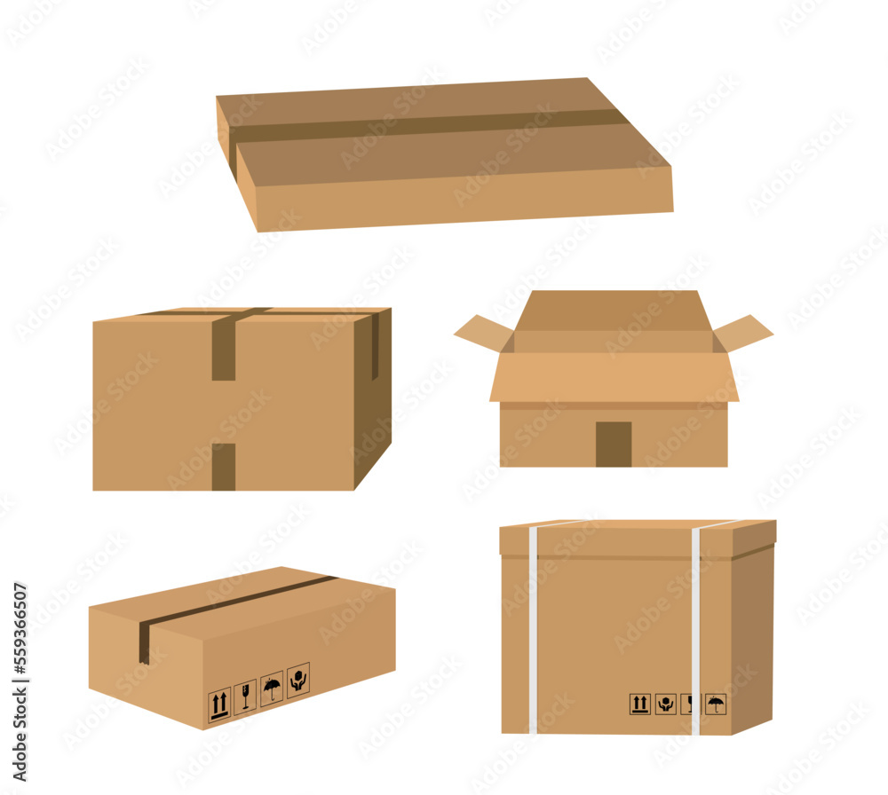 Delivery carton containers or mail boxes. Set. Box with fragile signs ...