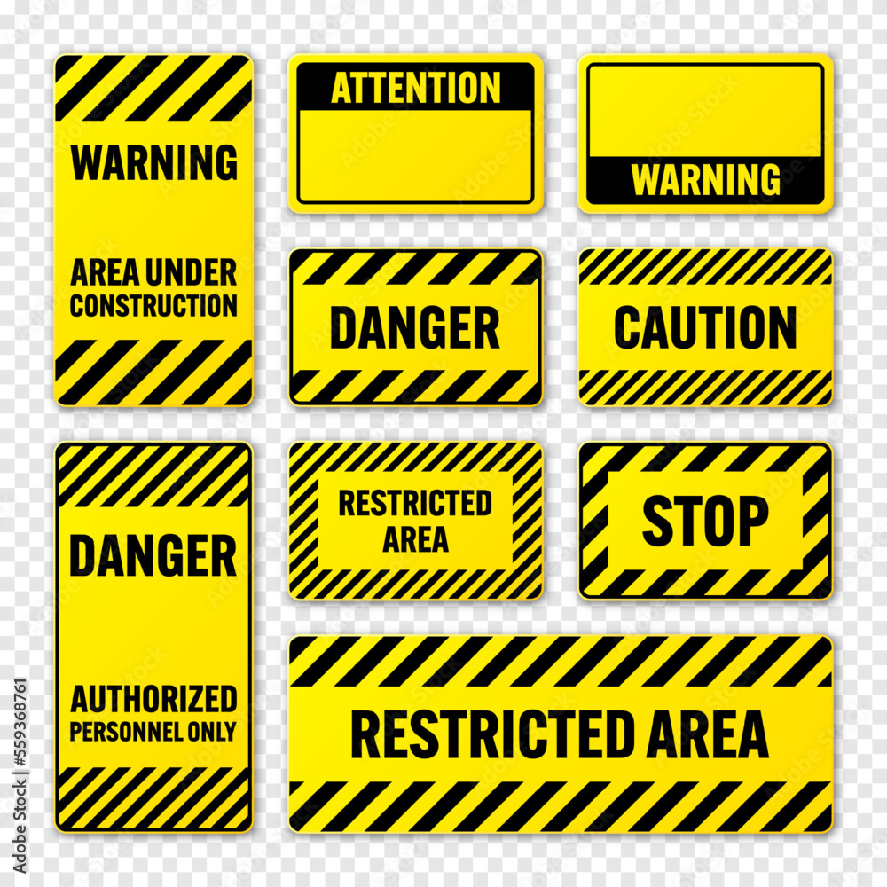 Various black and yellow warning signs with diagonal lines. Attention ...
