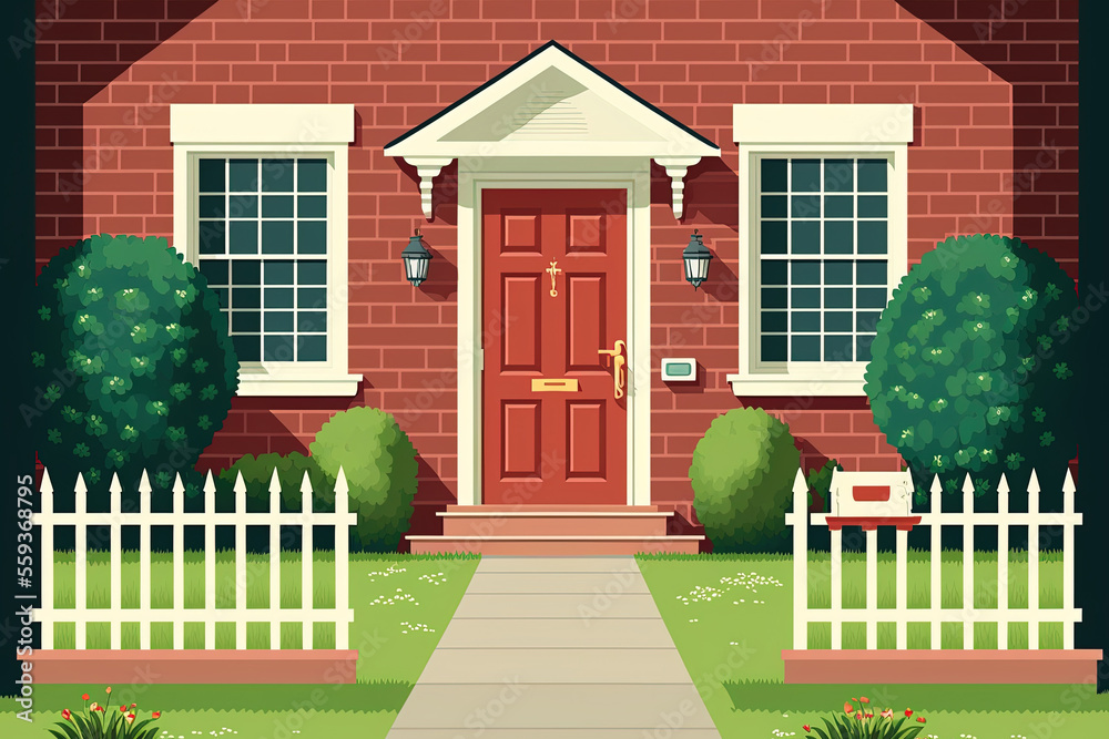 Red brick house front with windows, an open door, and potted plants ...