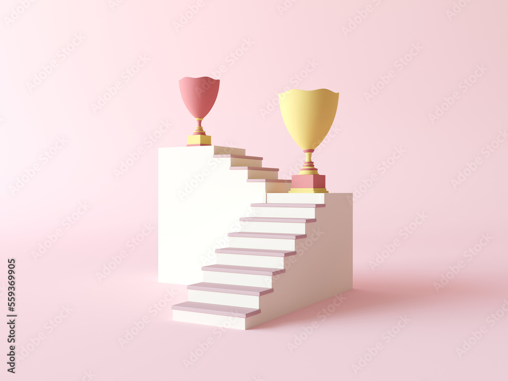 Gold trophy winner cup on stair with flat lay, staircase business step ...