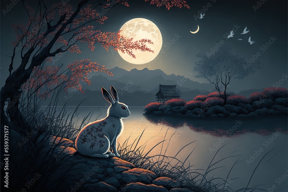 chinese rabbit under the moonlight by a river, year of the rabbit ...