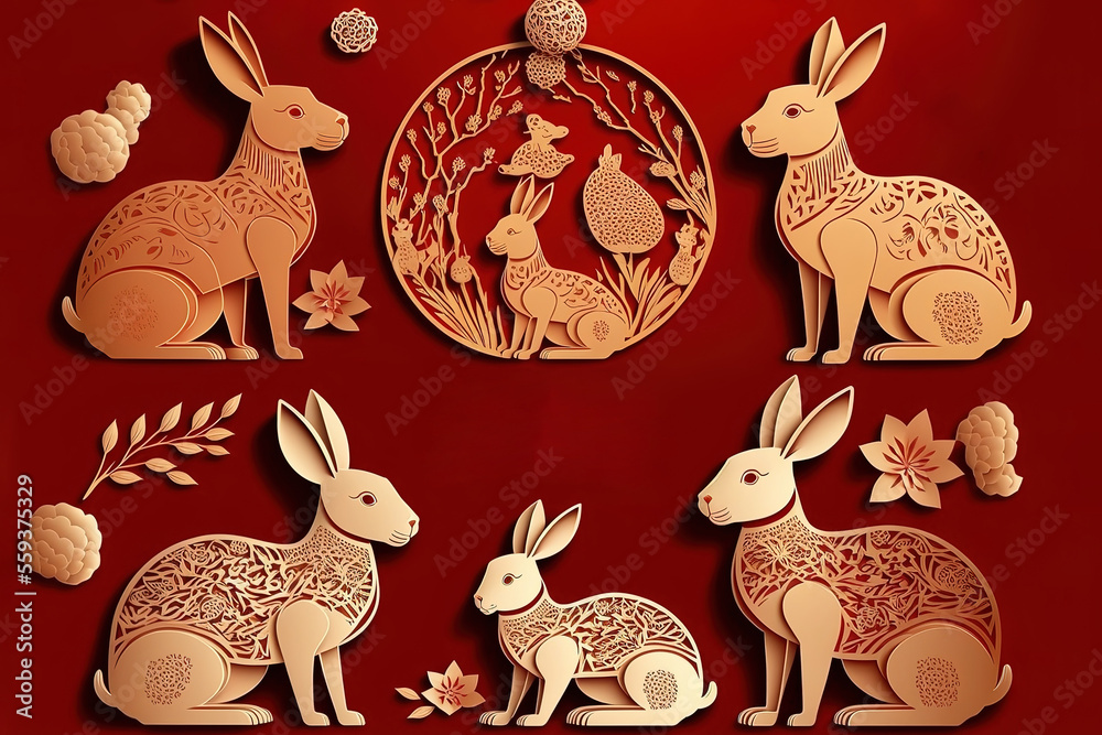 Cute rabbits set. Chinese Lunar new year colletcion. Traditional ...
