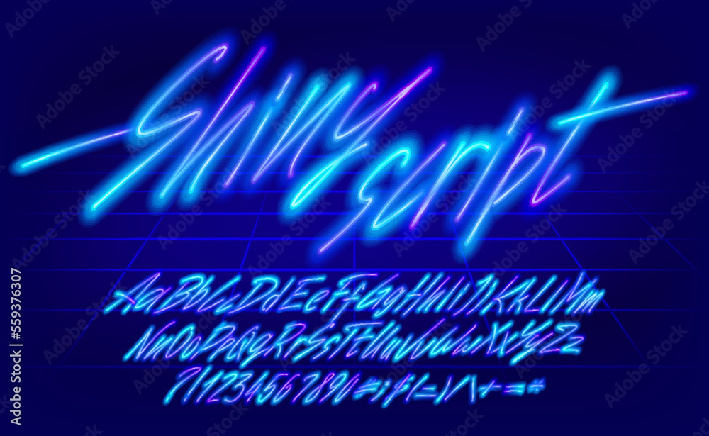 Shiny Script alphabet font. Glowing neon letters and numbers. Uppercase ...