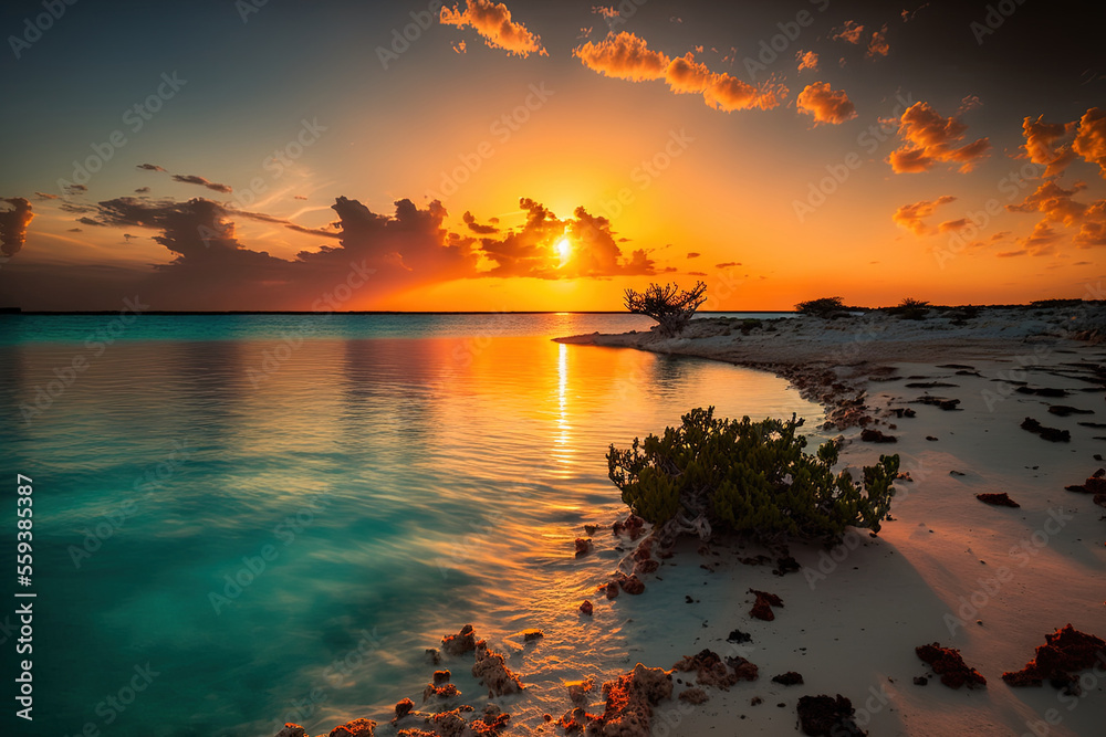 Caribbean island of Bonaire's breathtaking sunset over the water ...