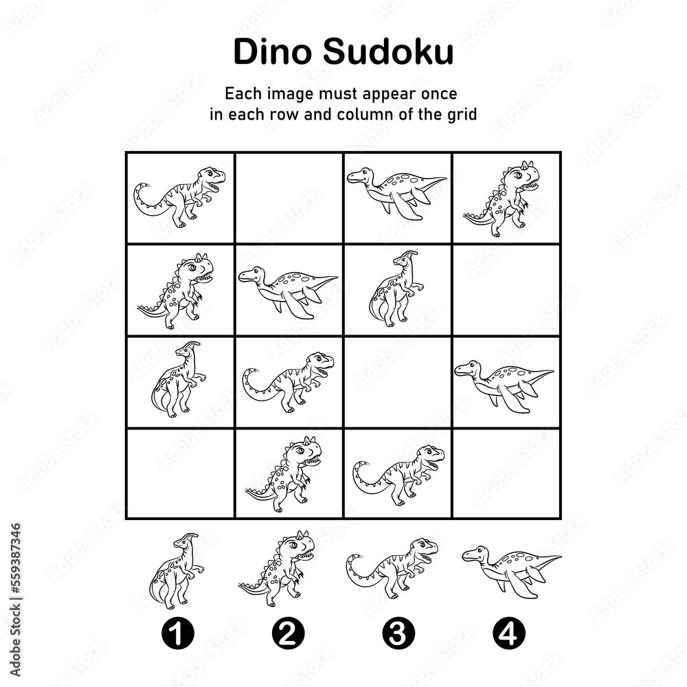 Sudoku game for children with dinosaurs. Kids activity coloring sheet ...